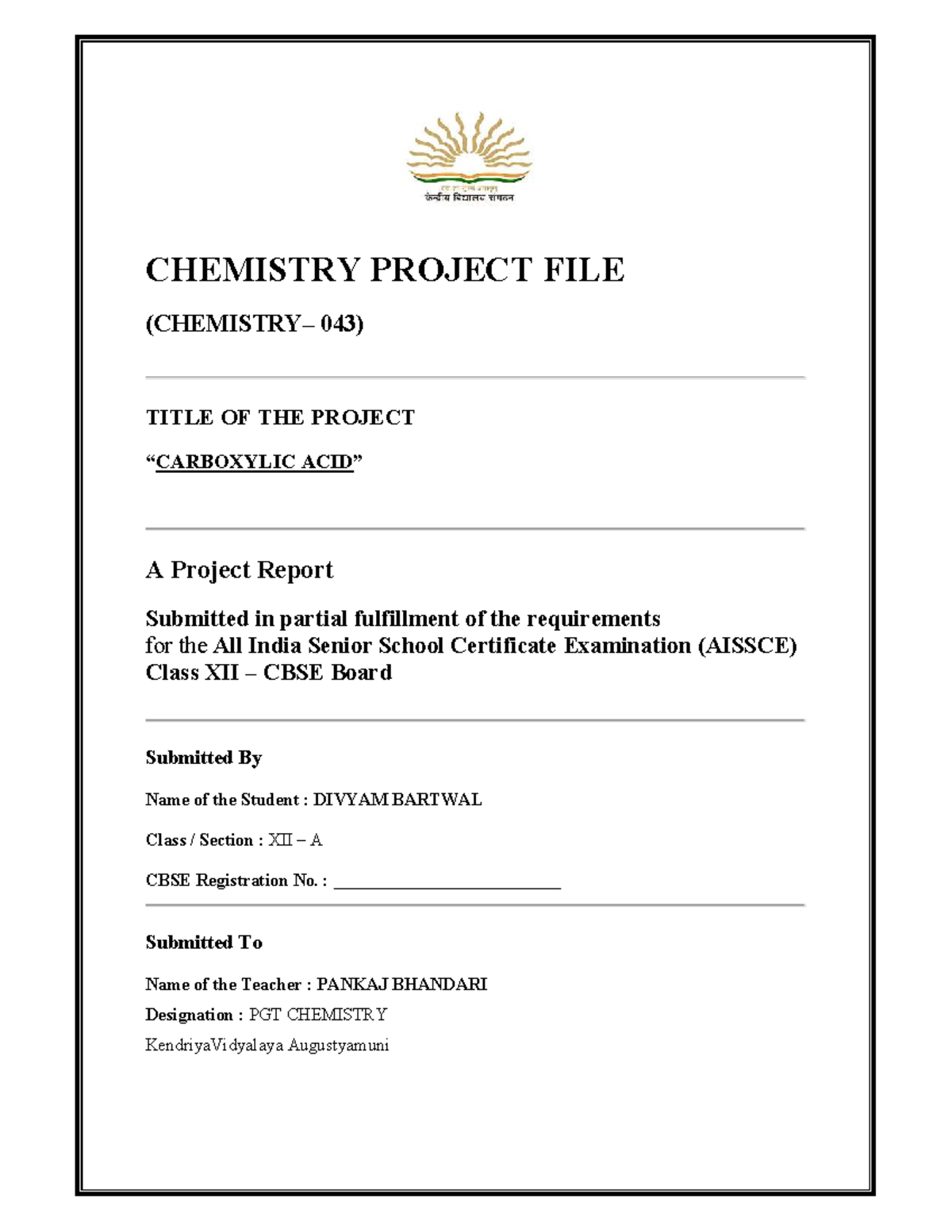 Chemistry Project File for Class XII (043) - AISSCE Submission - Studocu