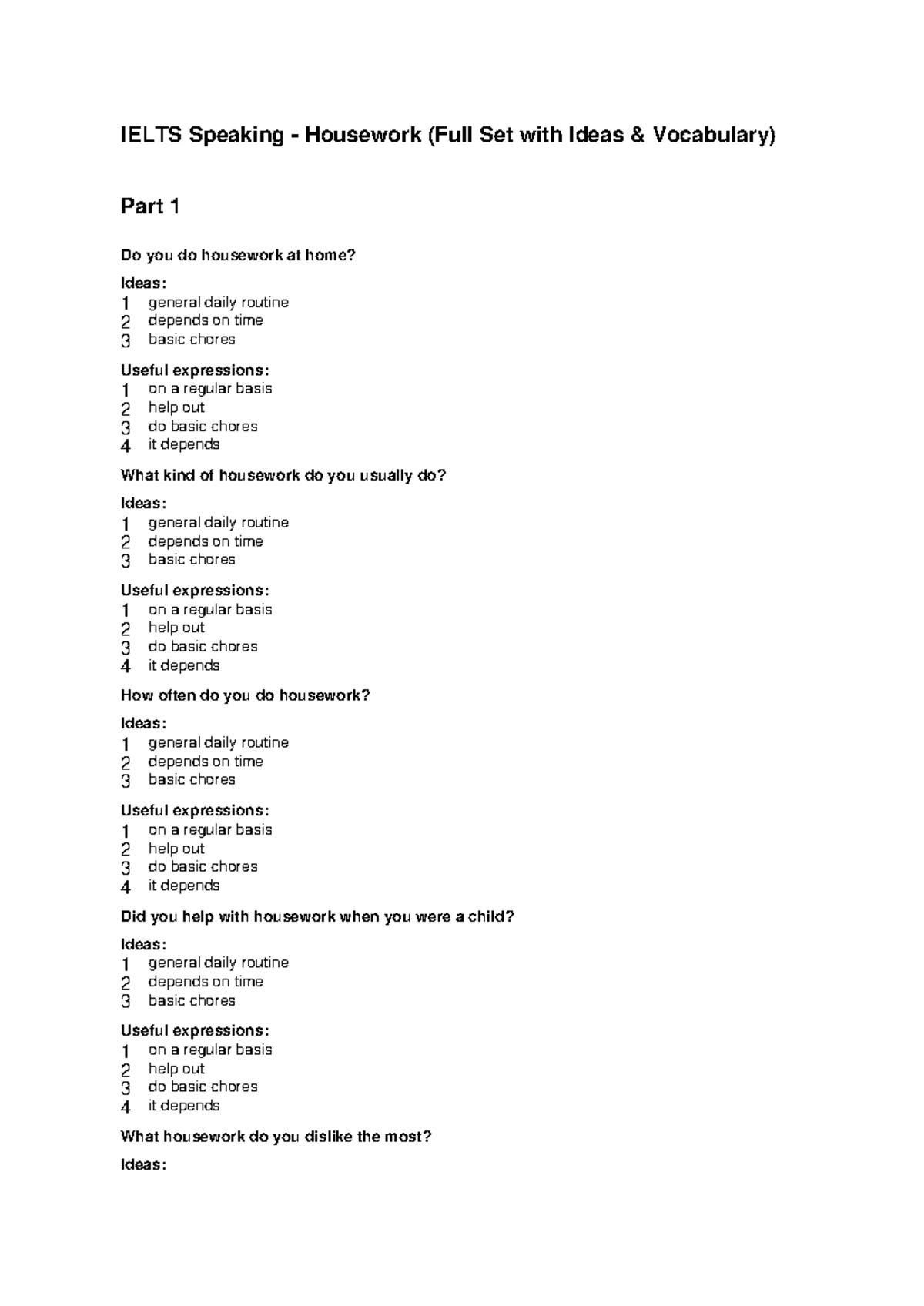 IELTS Speaking: Housework Ideas & Vocabulary (Full Set) - Studocu