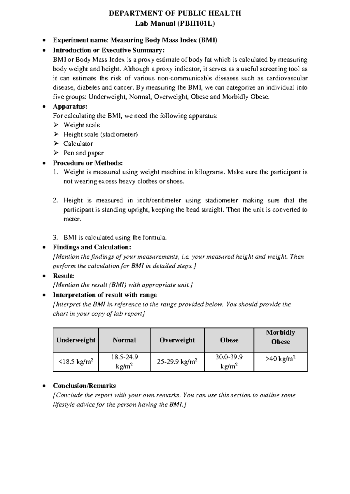 Lab Manual (PBH101L): BMI, Blood Pressure & Blood Grouping Experiments ...