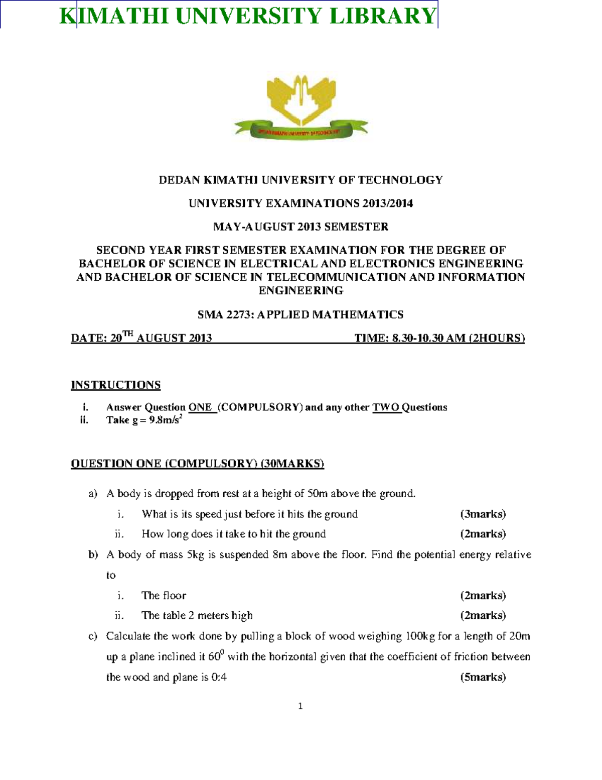 SMA 2273: Applied Mathematics Exam Paper - August 2013 - Studocu