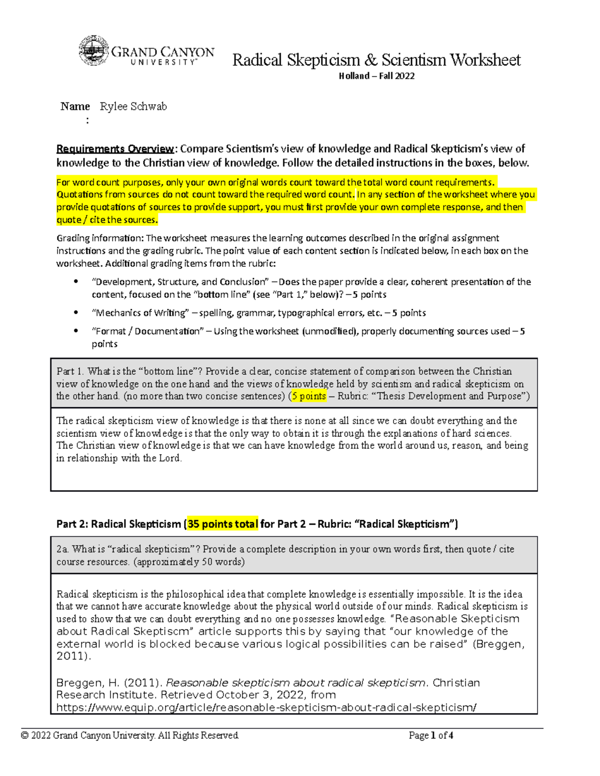 Comparative Analysis of Radical Skepticism & Scientism (Holland FA22 ...