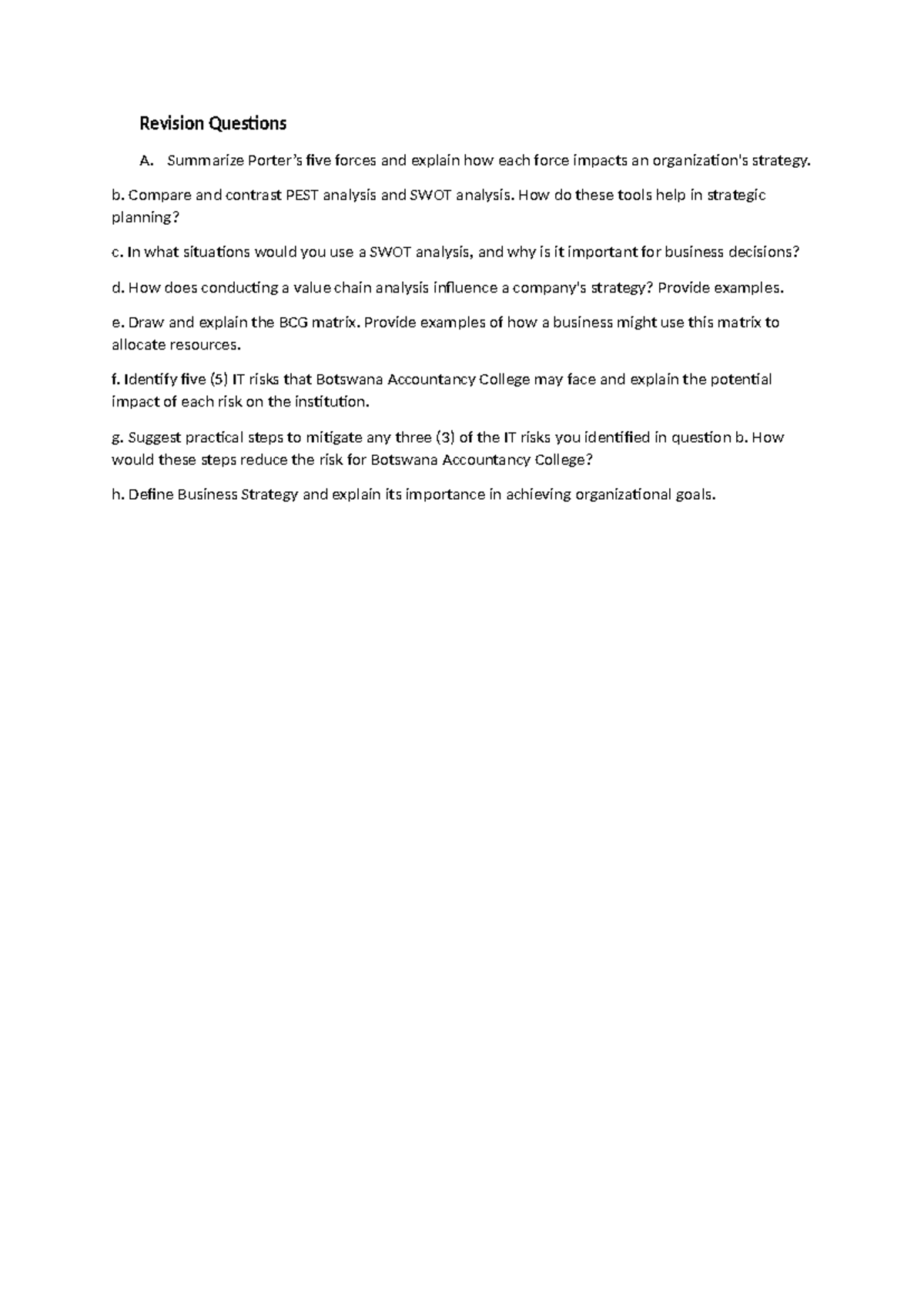 Strategic Analysis Revision Questions for Business Strategy (BS101 ...