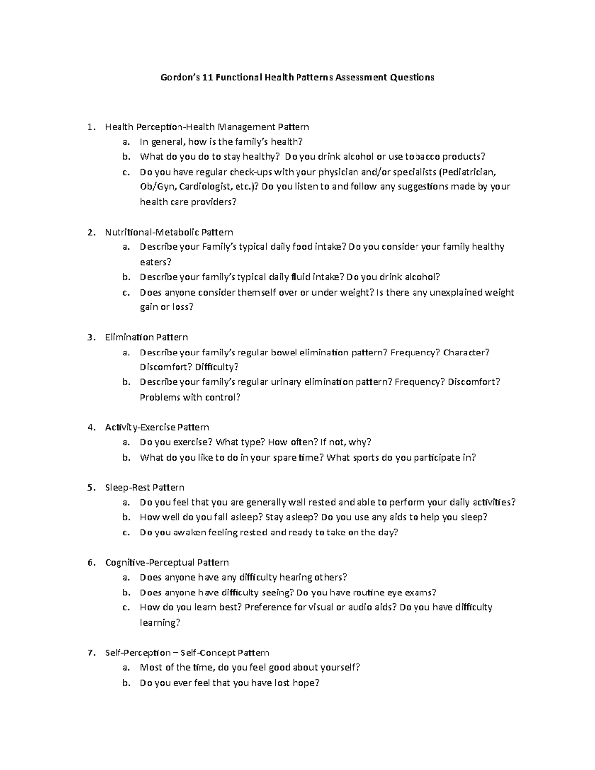 87600313 Gordon's Assessment of 11 Functional Health Patterns - Studocu