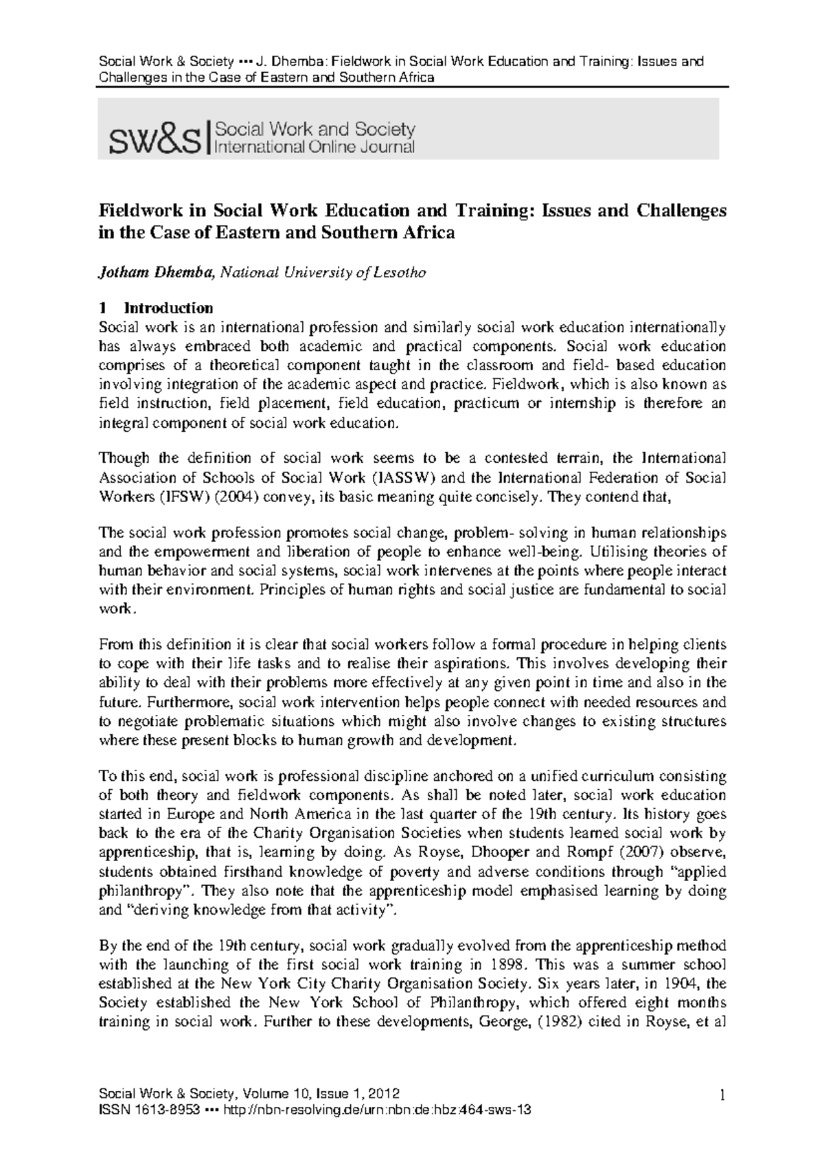 Social Work Society J. Dhemba: Fieldwork Challenges in Africa - Studocu