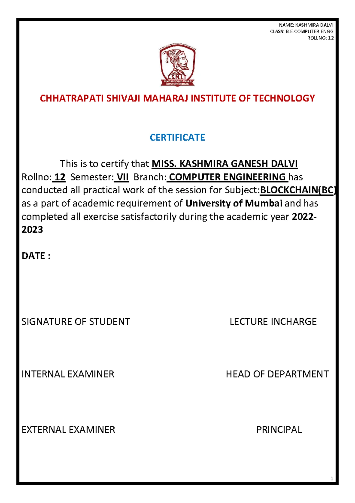 NLP LAB Manual - Lab work - CHHATRAPATI SHIVAJI MAHARAJ INSTITUTE OF TECHNOLOGY CERTIFICATE This ...