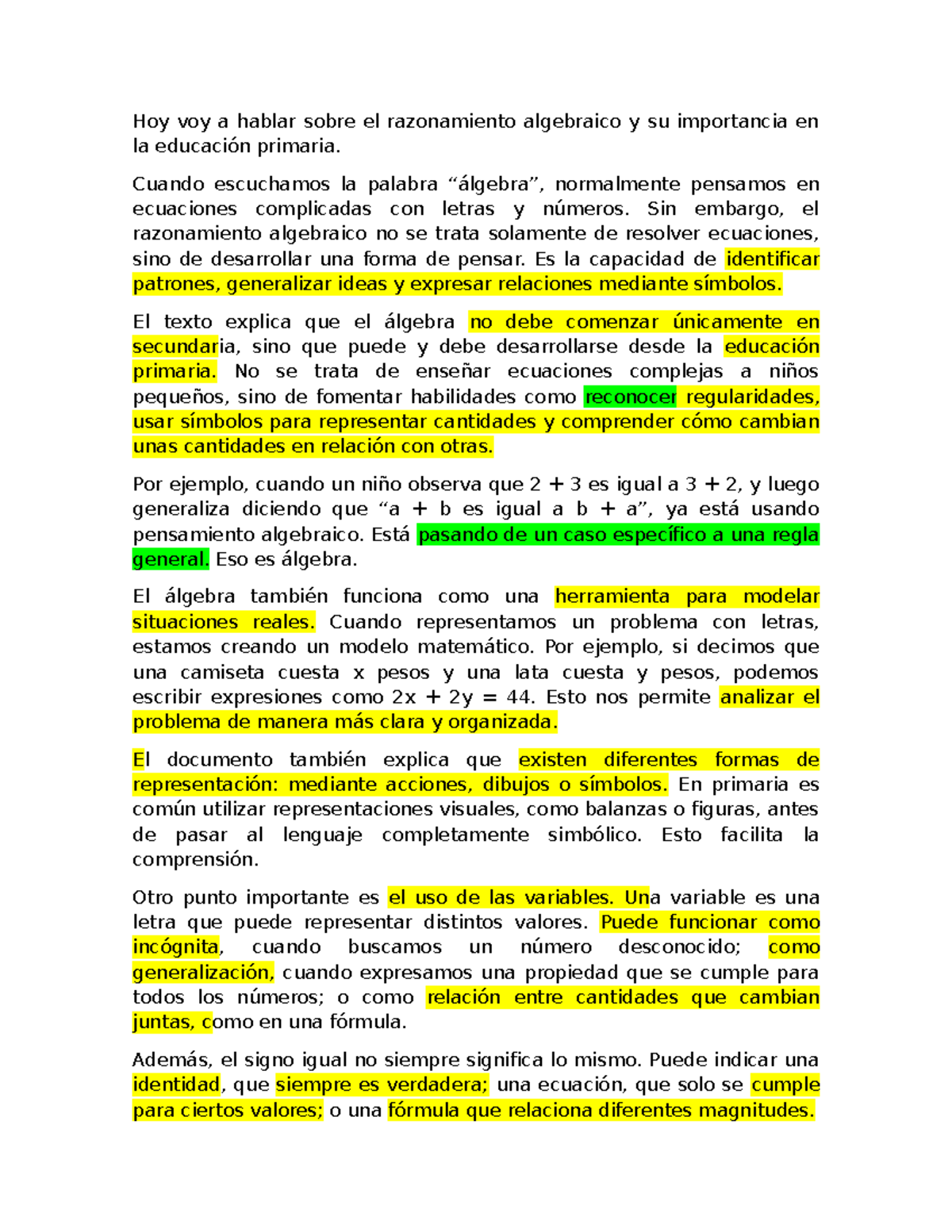 Resumen del Razonamiento Algebraico en Educación Primaria - 21 Pág ...