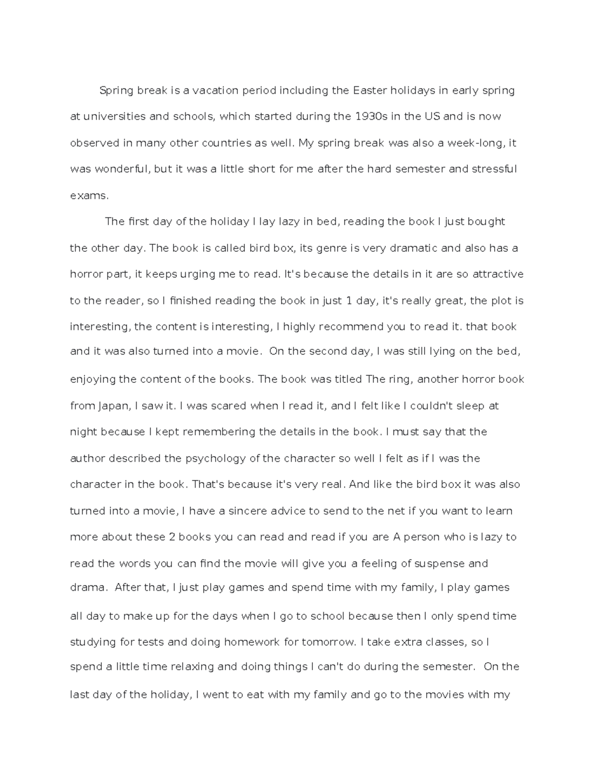 Spring Break Reflections: A Personal Experience and Book Reviews - Studocu