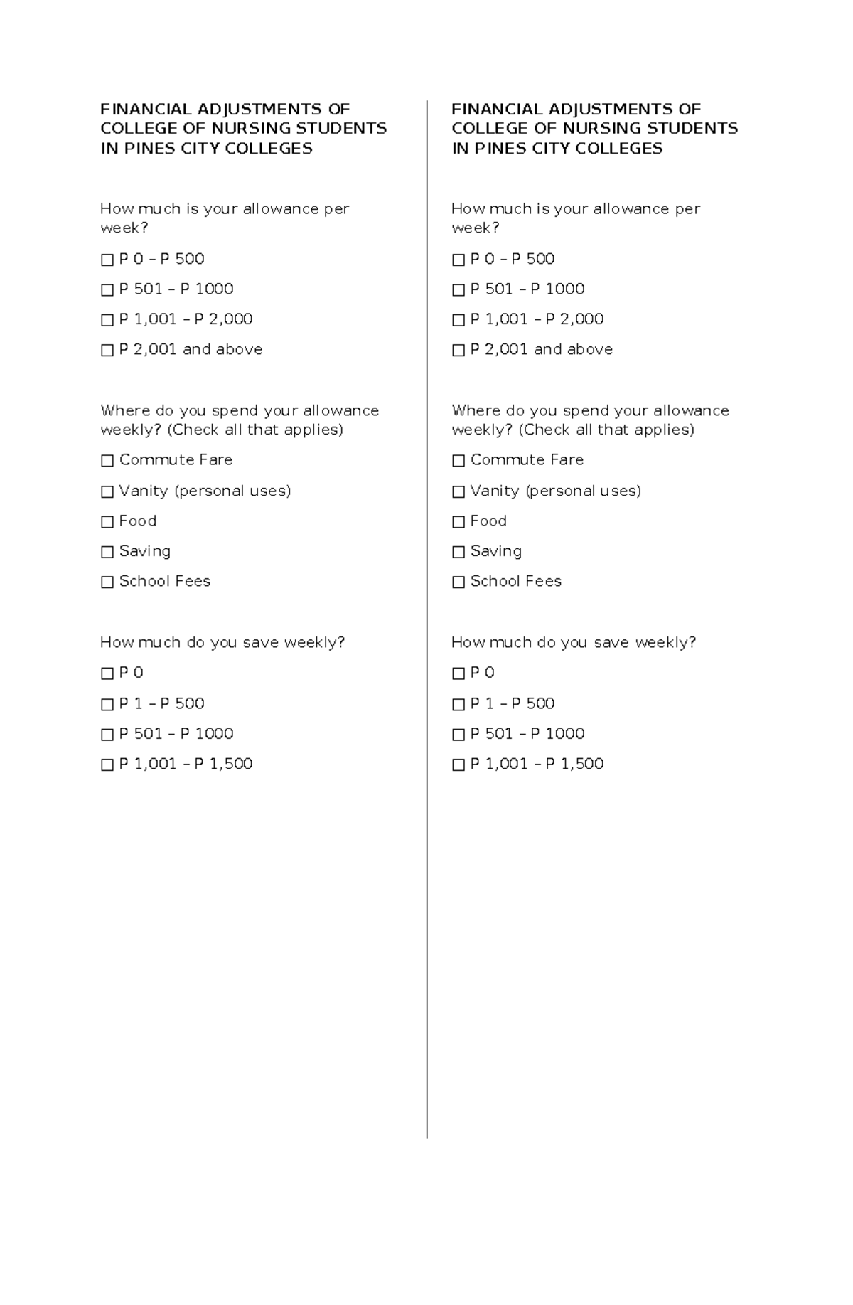 Financial Questionnaire for Nursing Students at Pines City Colleges ...