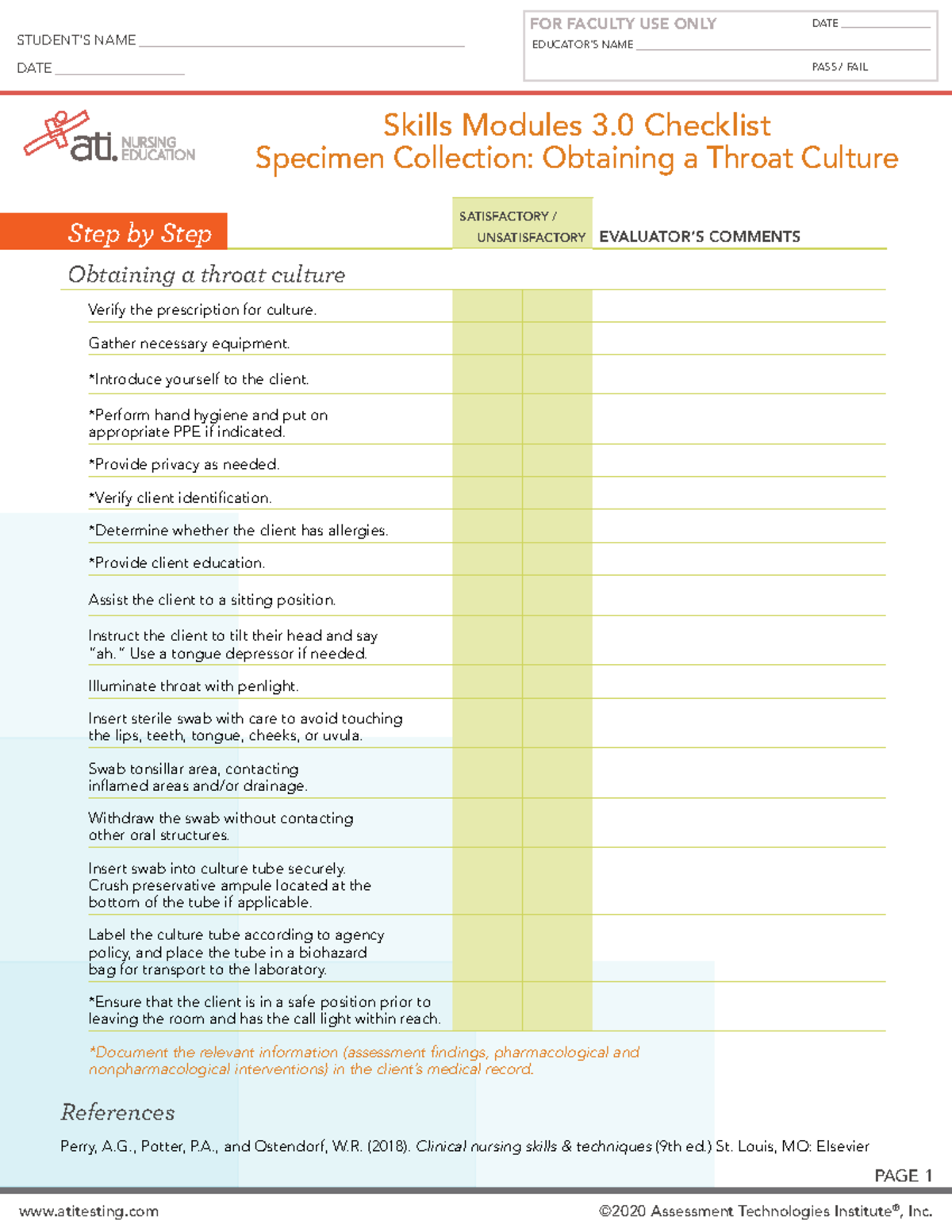 ATI Nursing Skills Checklist: Throat Culture Specimen Collection - Studocu