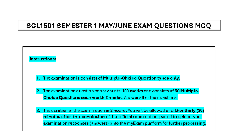SCL1501 SEMESTER 1 EXAM PRACTICE MCQ QUESTIONS - Studocu