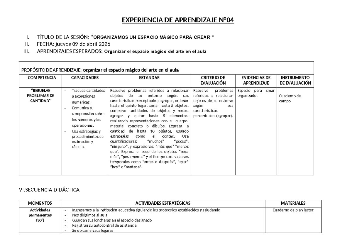 Sesión de Aprendizaje: Un Espacio Mágico para Crear - Abril 2026 - Studocu