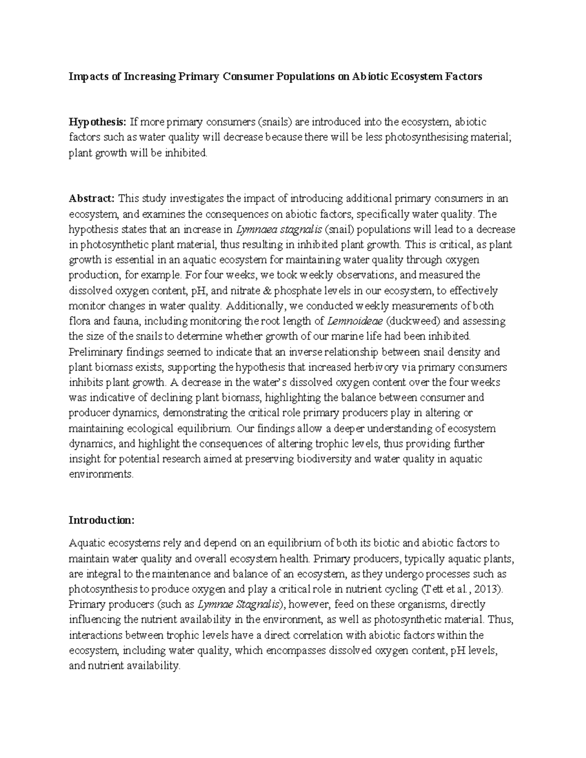 Ecosystem in a Jar: Effects of Snail Populations on Water Quality - Studocu