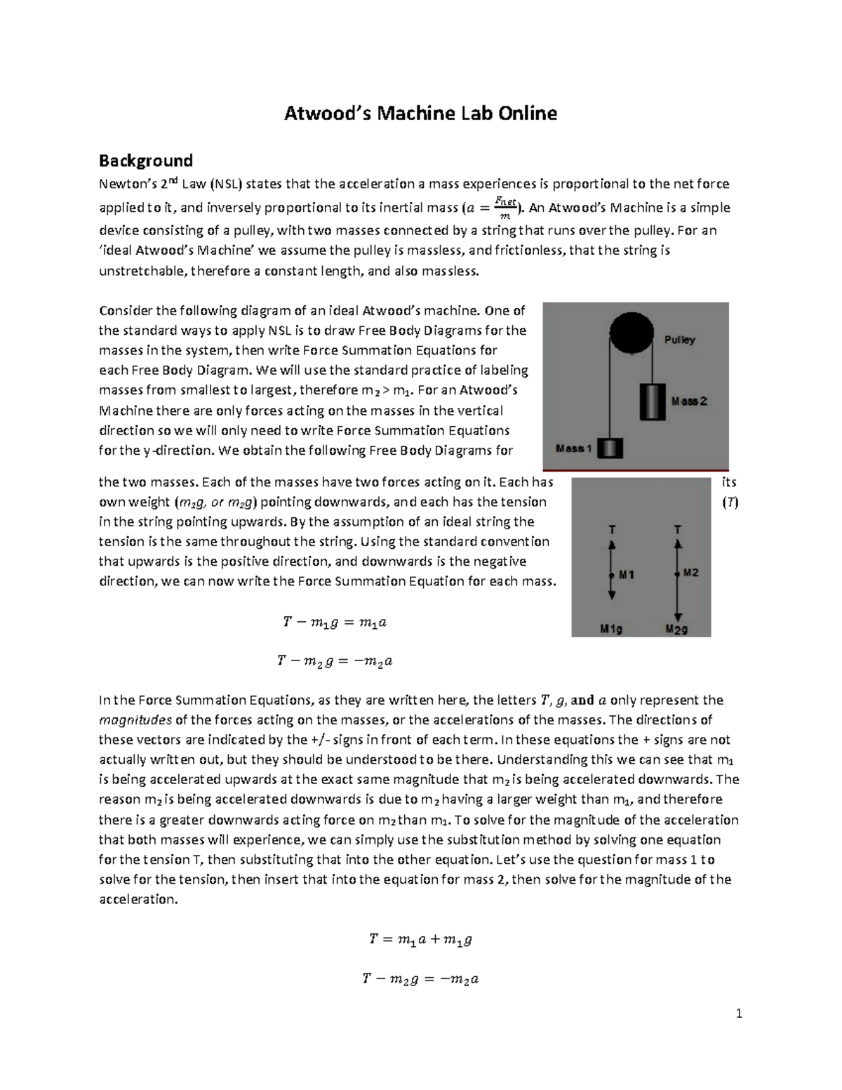 PHY 1951 Online Atwood's Machine Lab Report and Analysis - Studocu