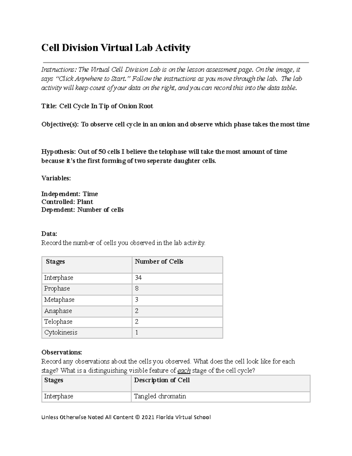 03 01 Lab Report: Analysis of Cell Division Stages in Onion Root - Studocu