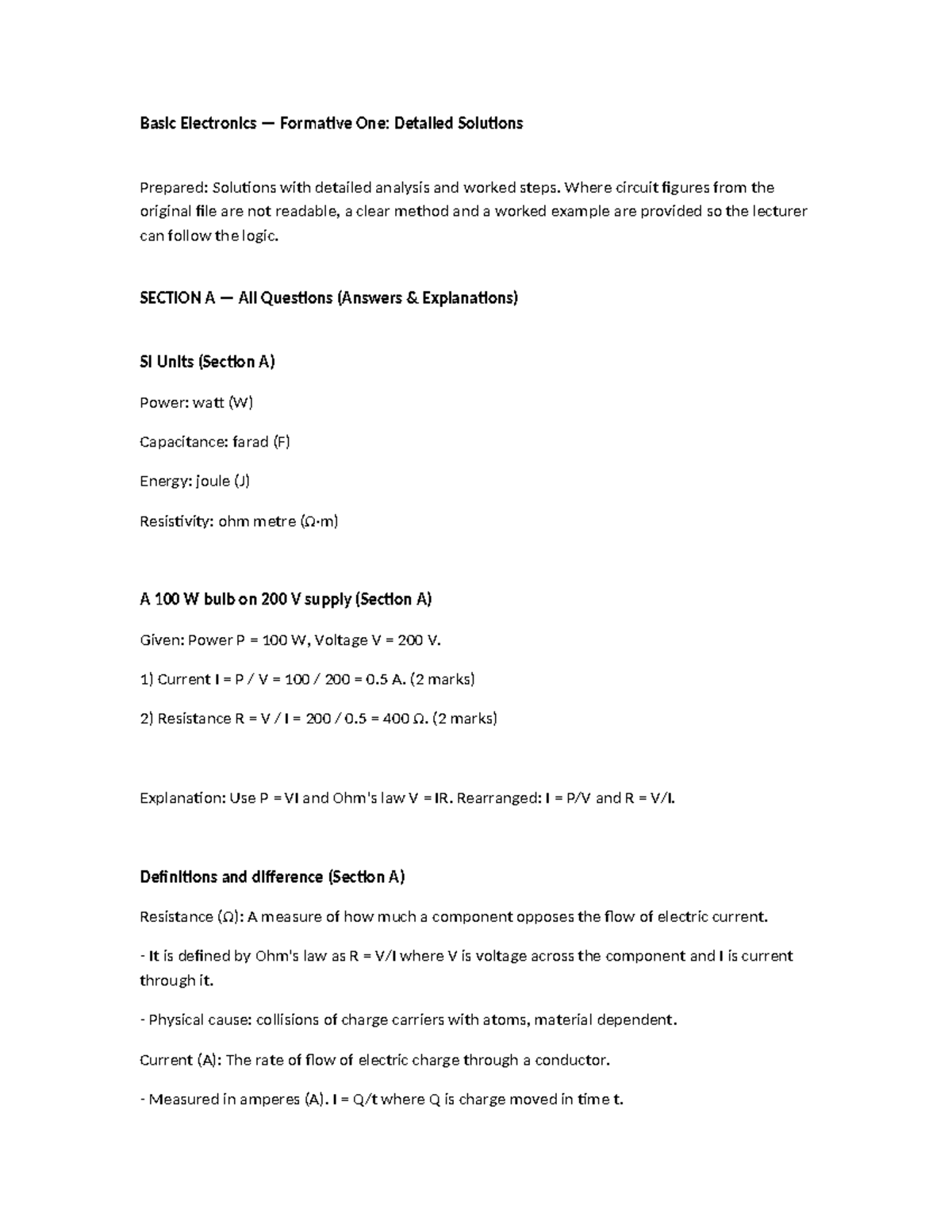 Basic Electronics (ELEC101) Formative One: Detailed Solutions and Analysis - Studocu