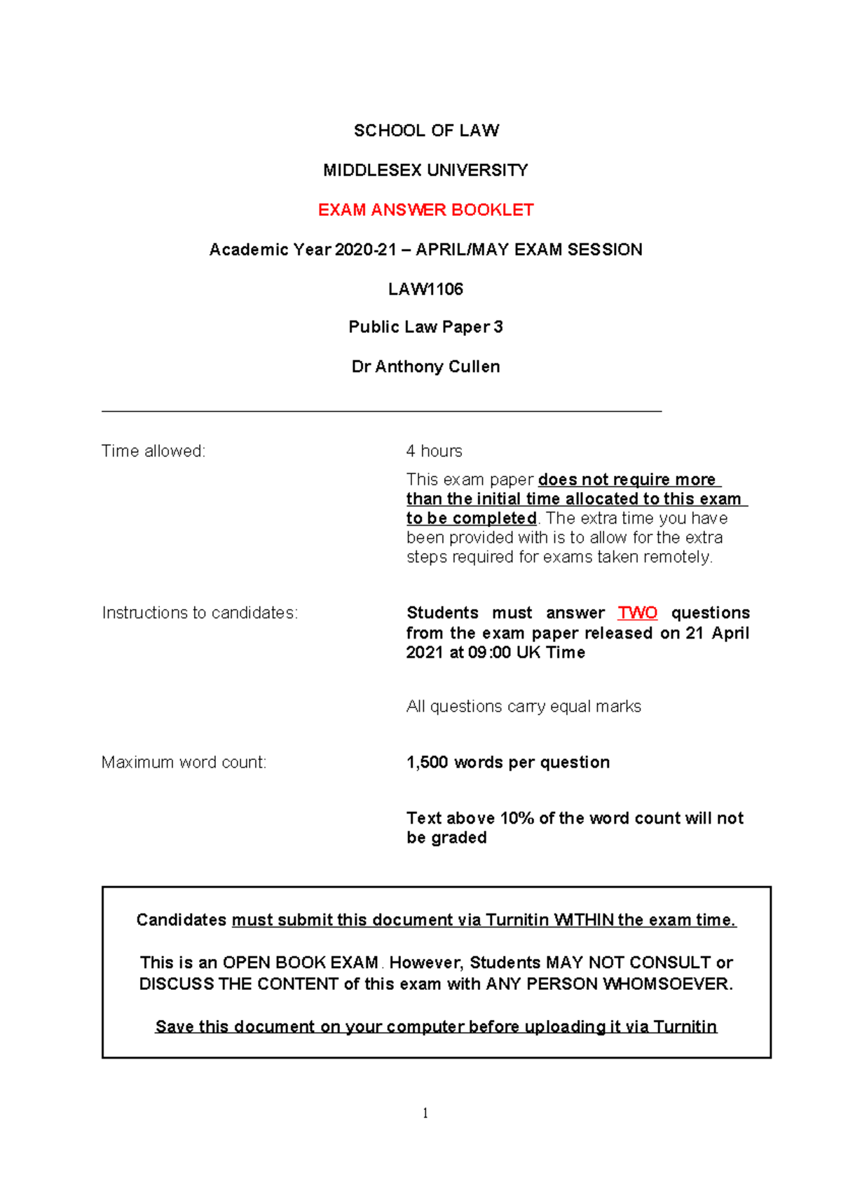 Blank Exam Answer Template - SCHOOL OF LAW MIDDLESEX UNIVERSITY EXAM ...
