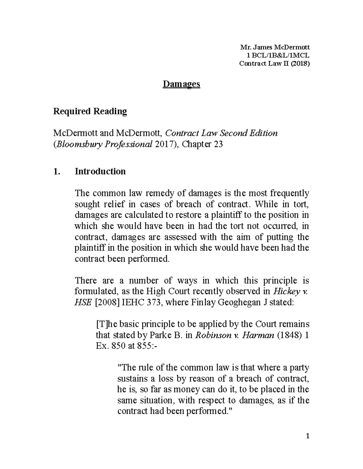 (6) Contract Law II (2018) Notes: Part Six - Understanding Damages ...