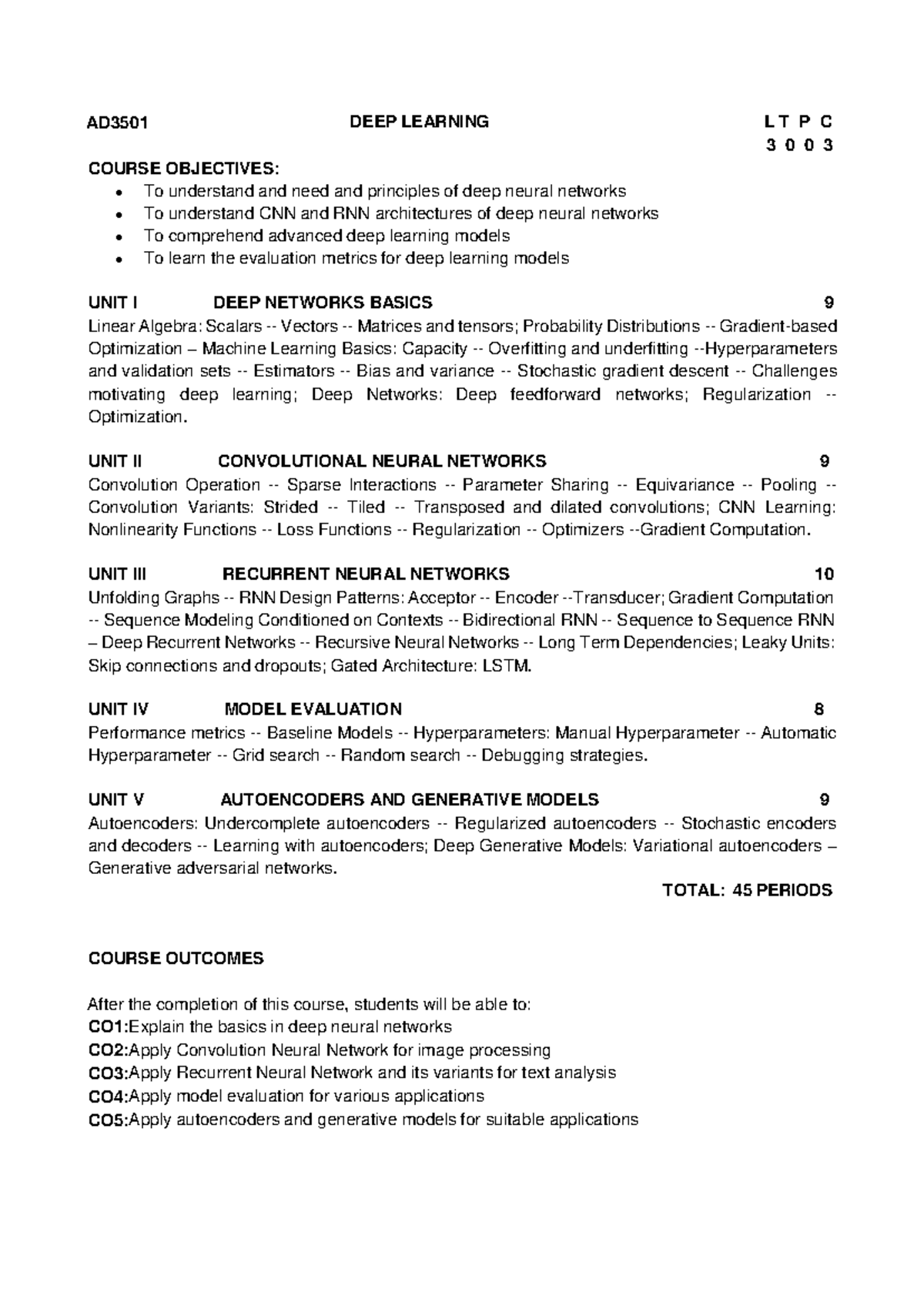 AD3501 Deep Learning Course Syllabus and Objectives - Studocu