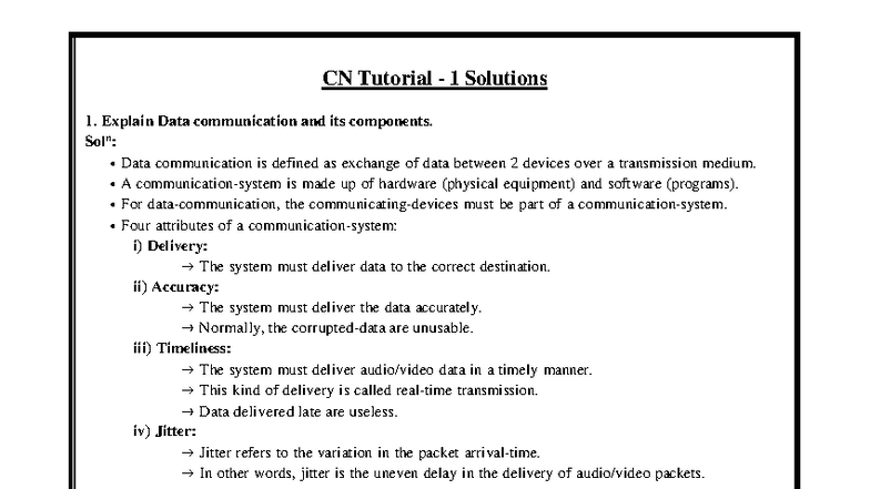 CN Tutorial 1 Solutions: Data Communication Concepts Explained - Studocu