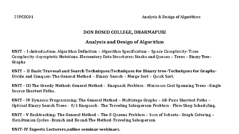M.Sc 23PCSC01 Analysis and Design of Algorithms: Comprehensive Guide - Studocu