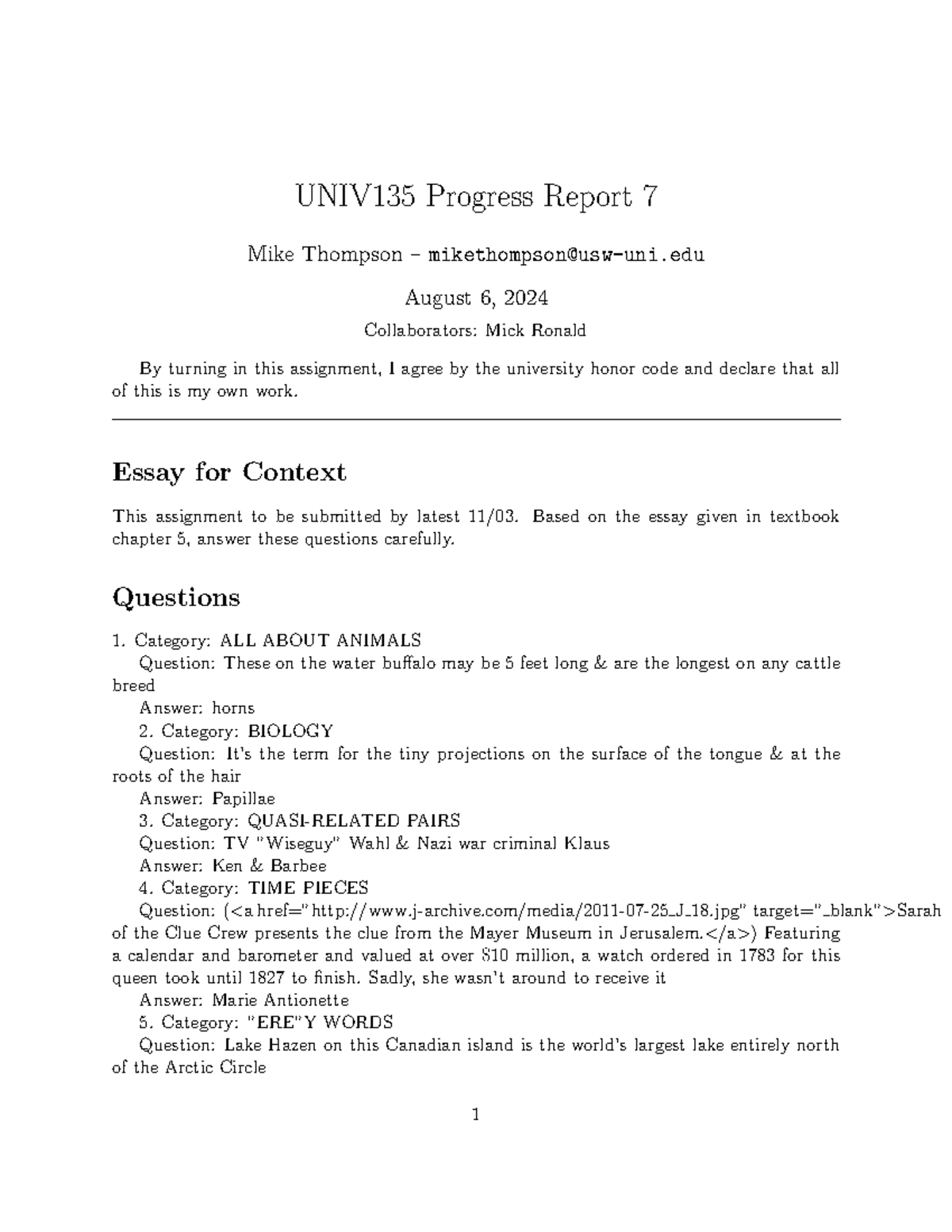 UNIV135 Progress Report 7: Animal Biology & Trivia Questions - Studocu