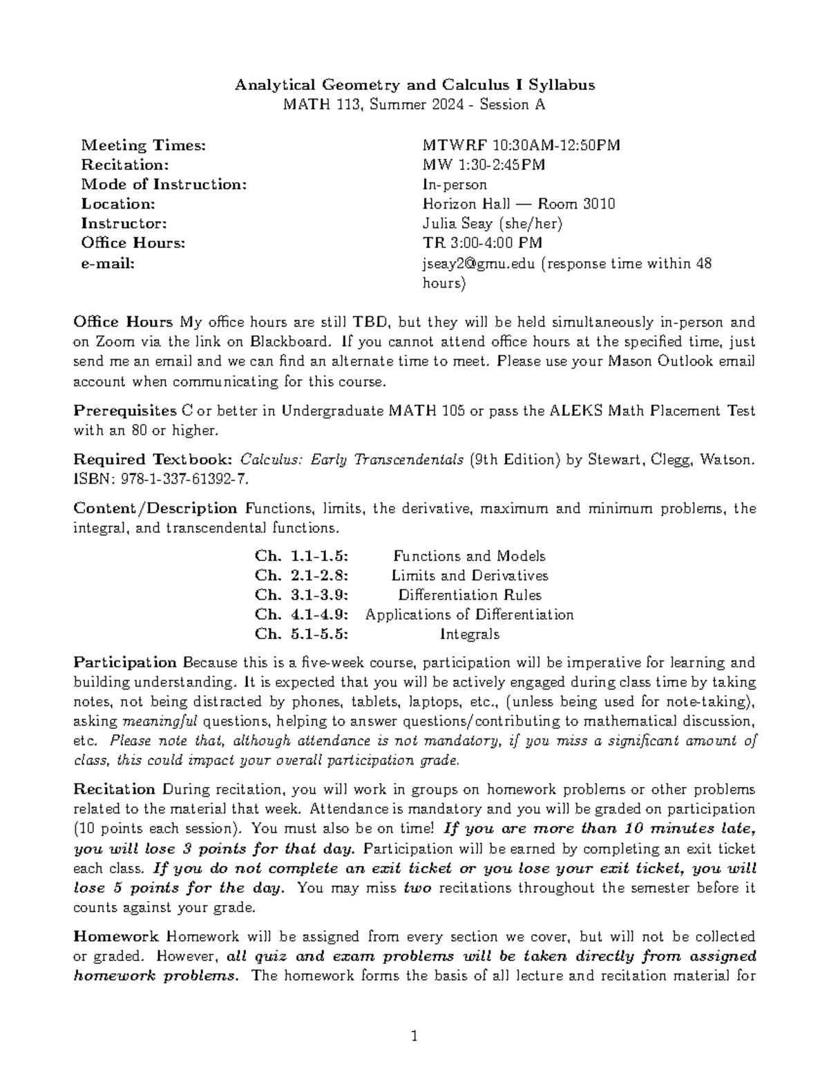 math syllabus 20 - Analytical Geometry and Calculus I Syllabus MATH 113 ...