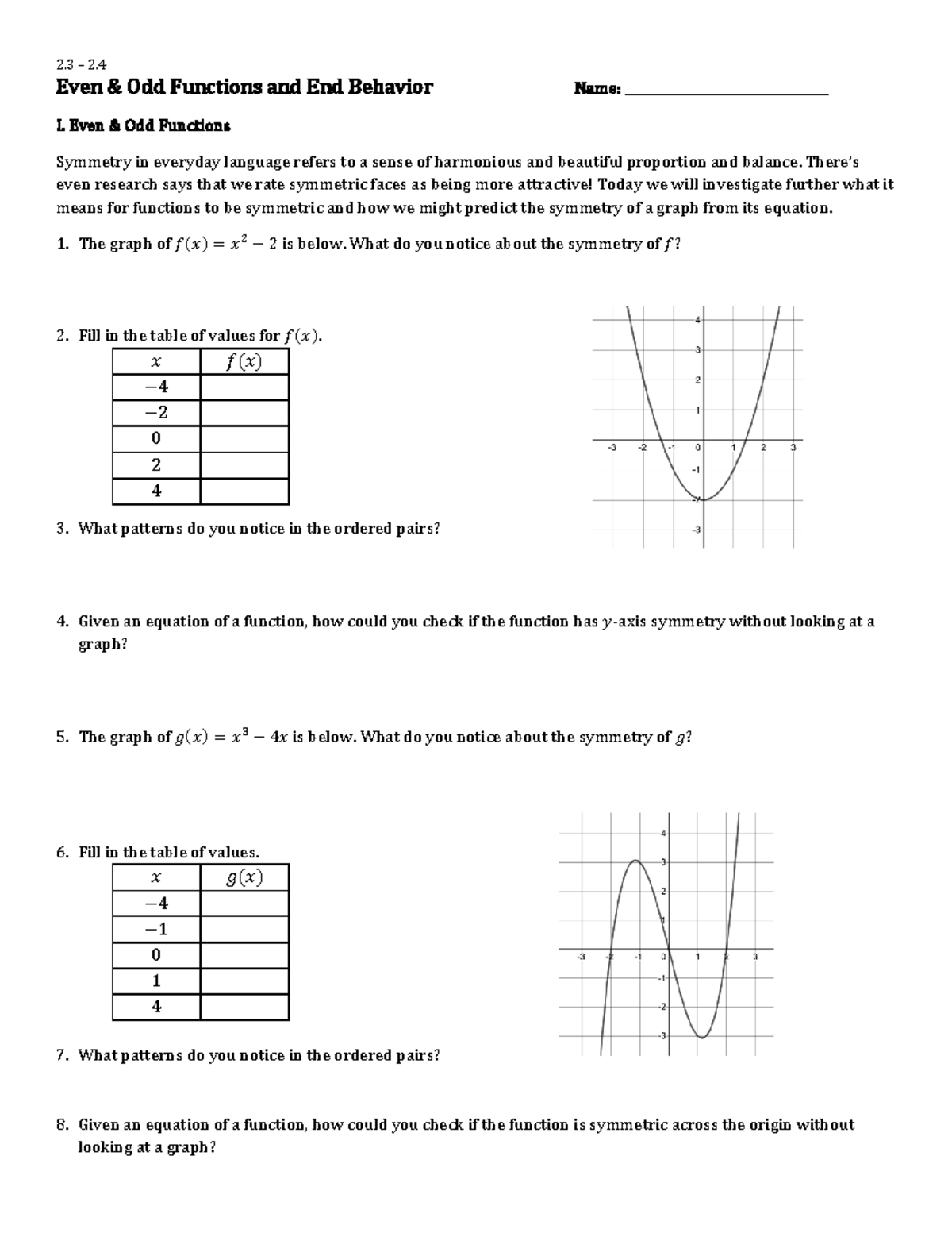 2.3 - 2.4 Even & Odd Functions and End Behavior Homework - Studocu