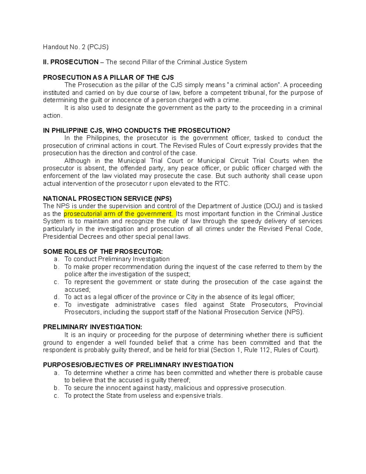 Cfcst PCJS - CJS - Handout No. 2 (PCJS) II. PROSECUTION – The second ...