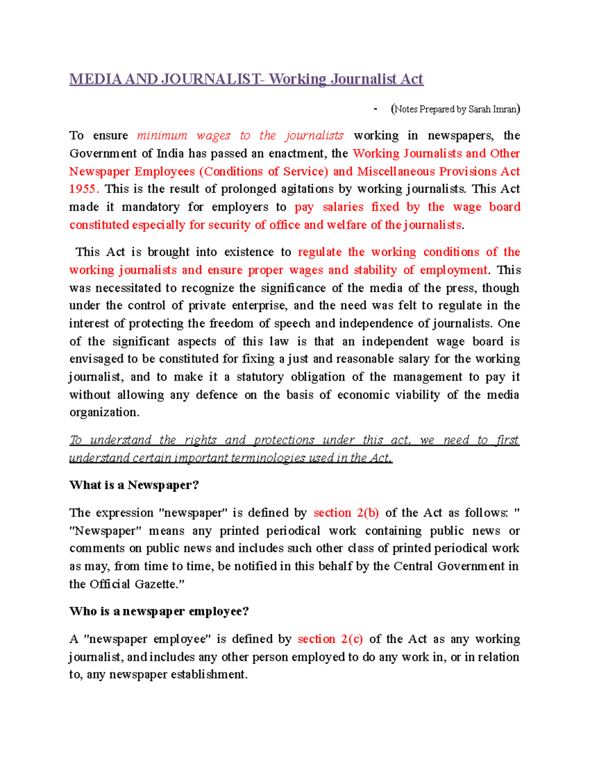 Working Journalists Act Overview: Media & Journalist Notes - Studocu