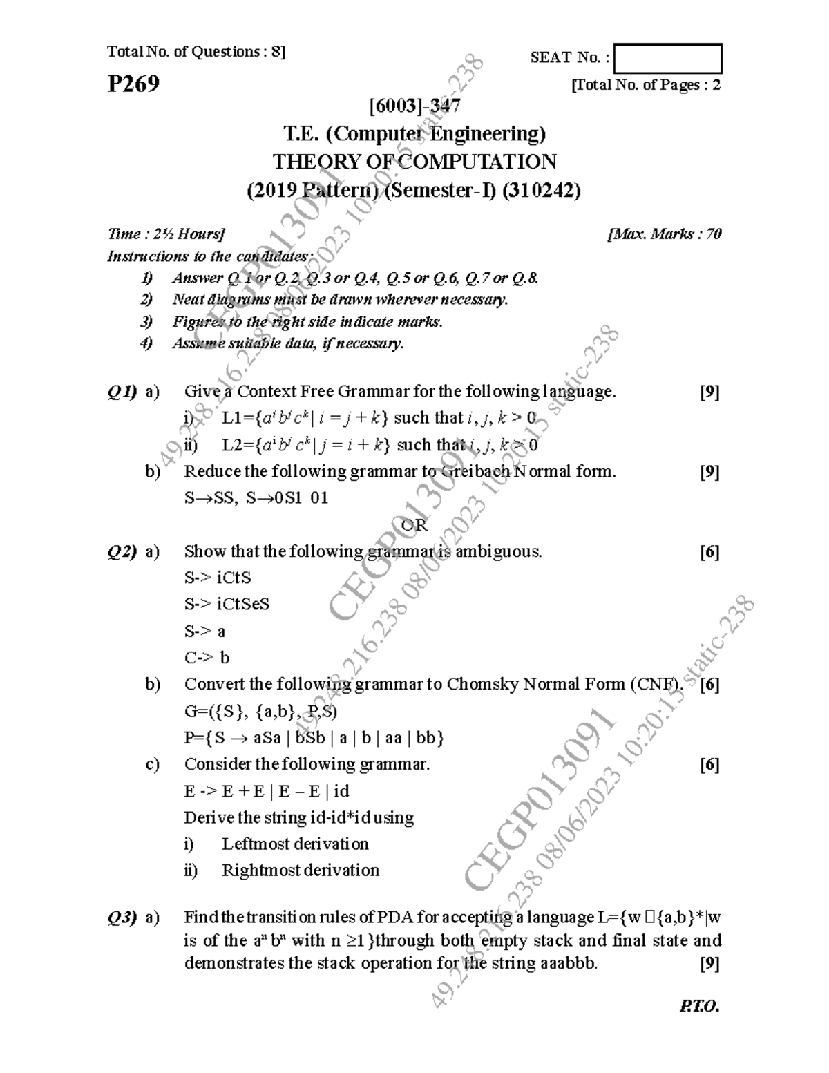 Theory of Computation (310242) - T.E. Computer Engineering Exam Paper ...