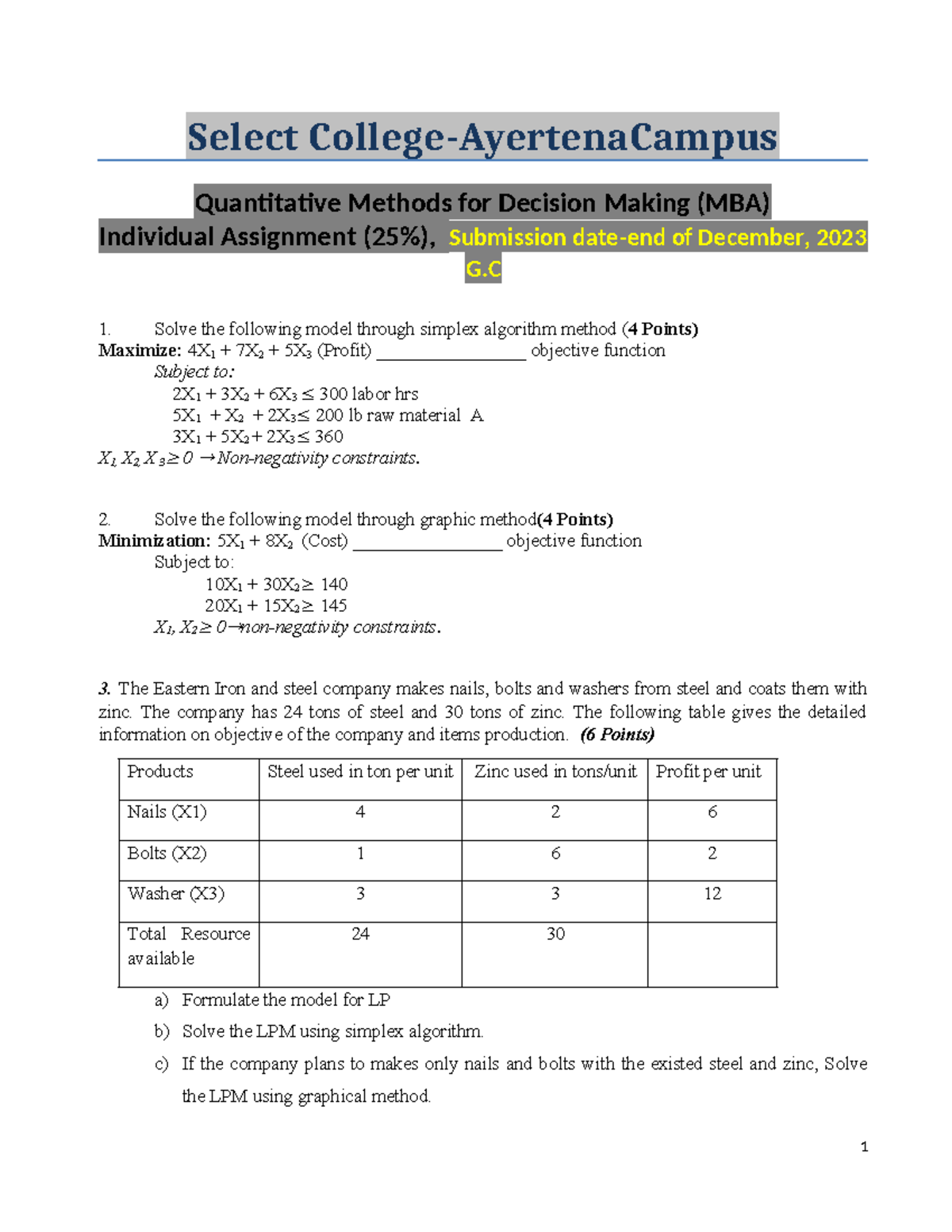 MBA Quantitative Methods Individual Assignment Solutions - Studocu