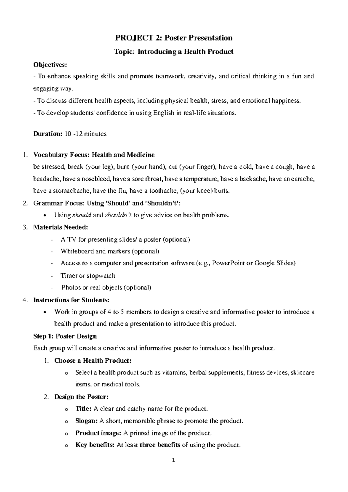 ENCS2 Project 2: Health Product Poster Presentation Guide - Studocu