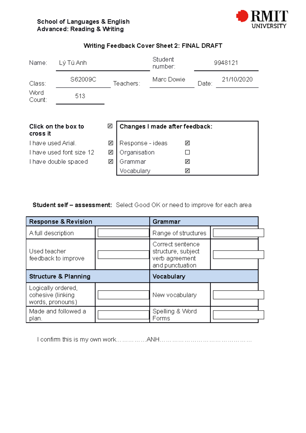 S62009C Writing Feedback Cover Sheet & Final Draft Analysis - Studocu