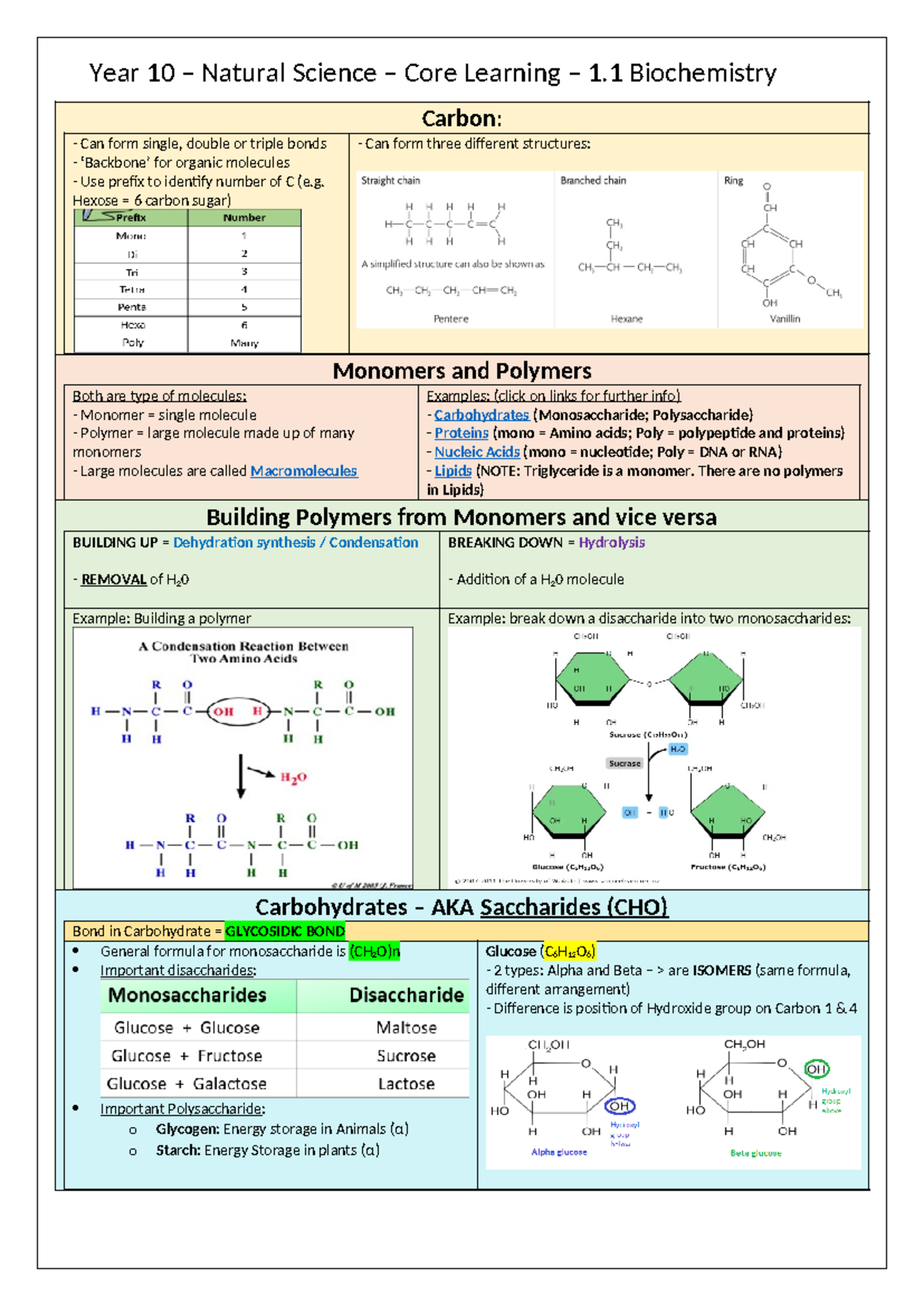 Year 10 Natural Science - Biochemistry Core Learning Notes - Studocu