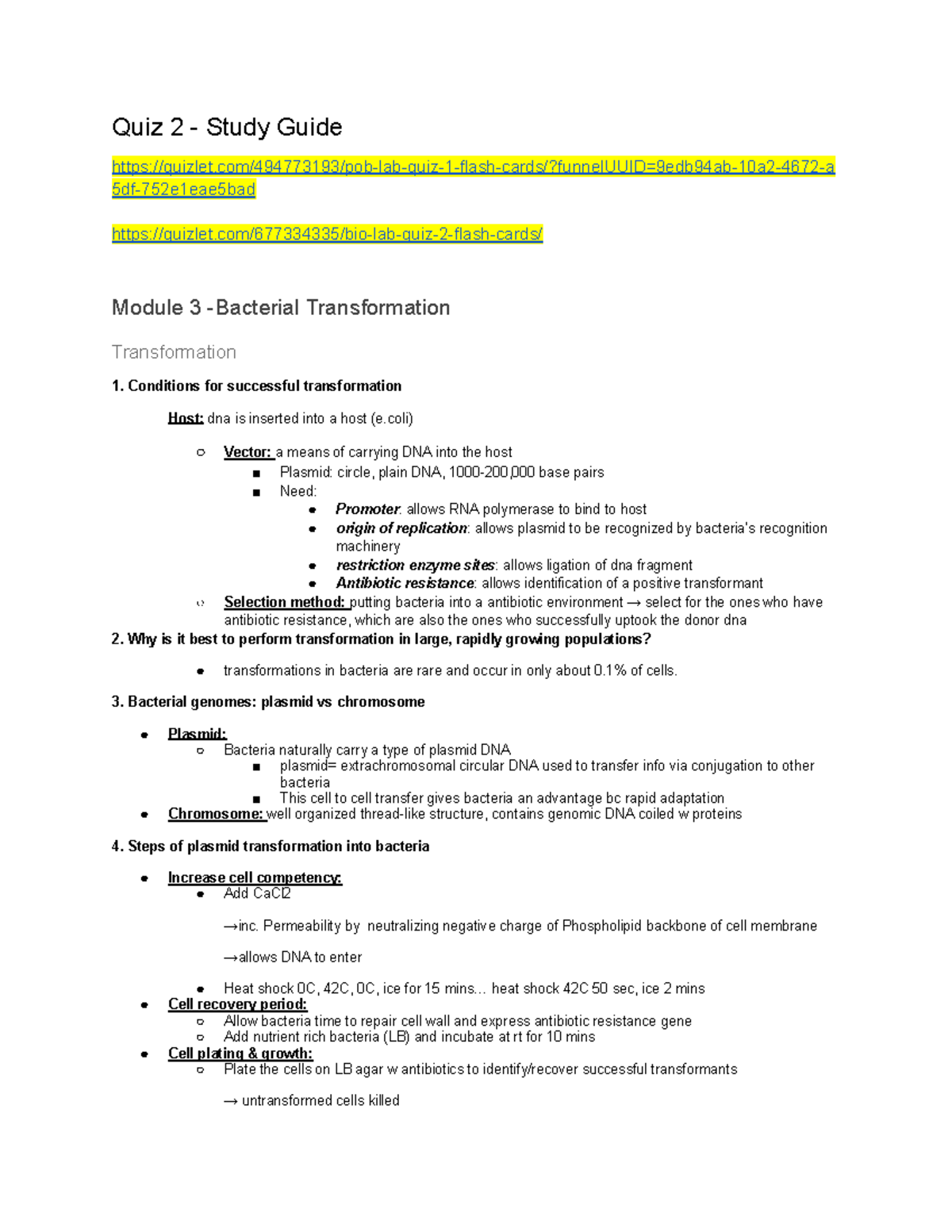 Bio Lab Quiz 2 Study Guide: Key Concepts on Bacterial Transformation ...