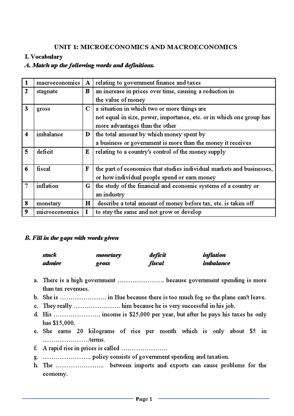 TACN U1 - Microeconomics and Macroeconomics Vocabulary Notes - Studocu