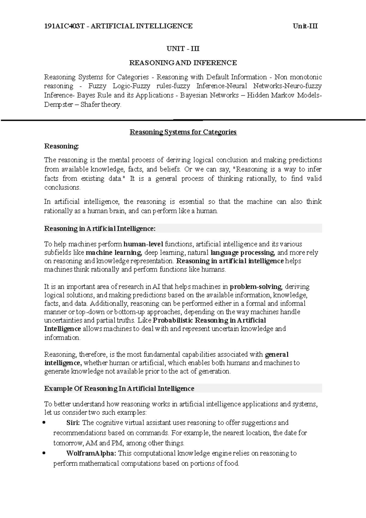 Unit 3 Lecture Material Unit Iii Reasoning And Inference Reasoning Systems For Categories