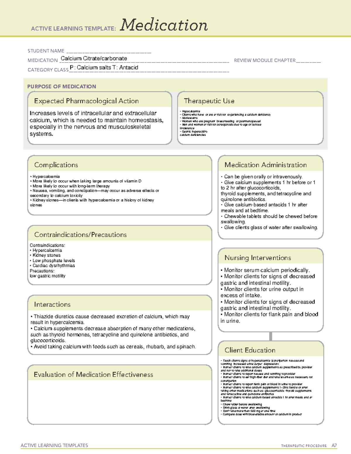 Active Learning Template: Medication Form for Calcium Citrate/Carbonate ...