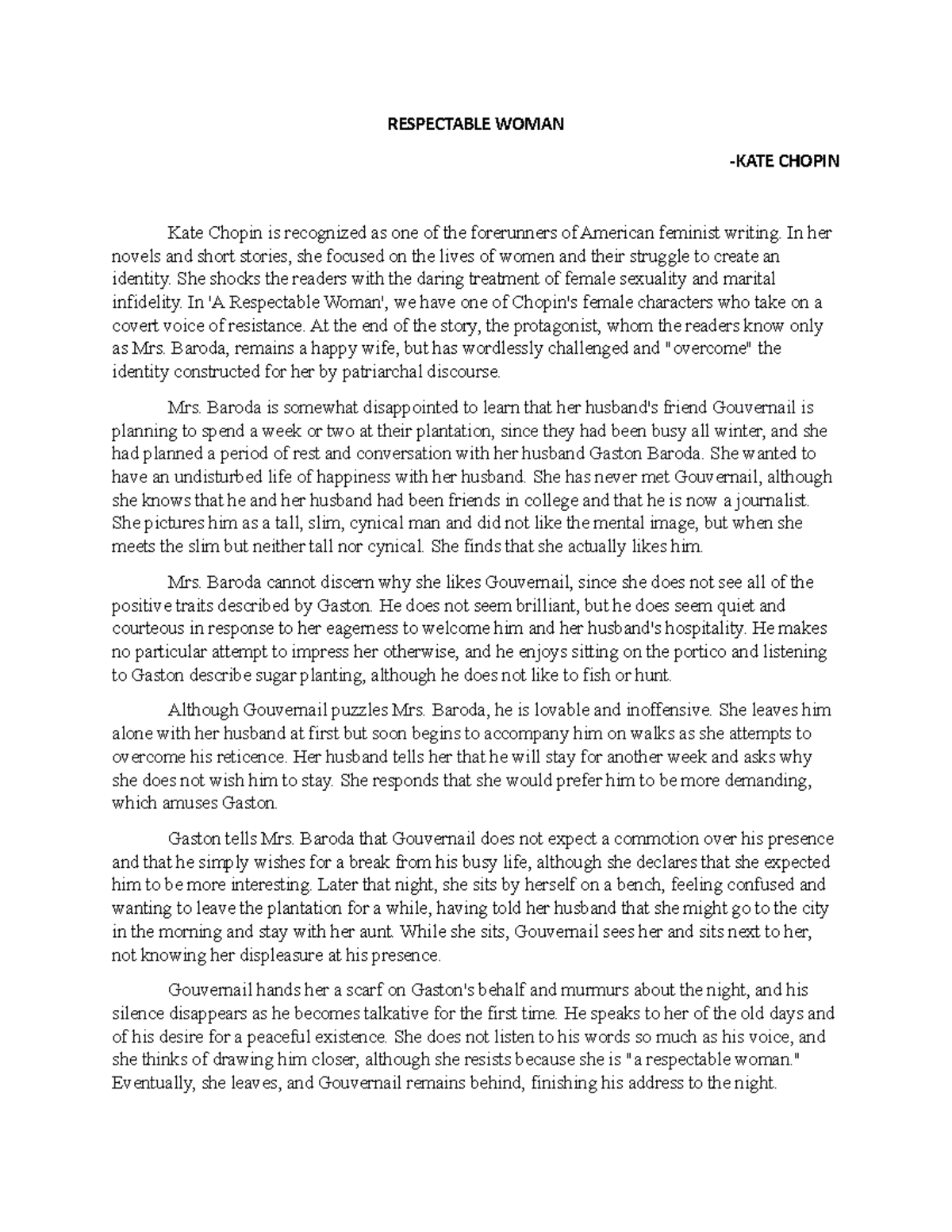 A Respectable Woman (Summary) - Analysis of Feminine Identity in Chopin ...