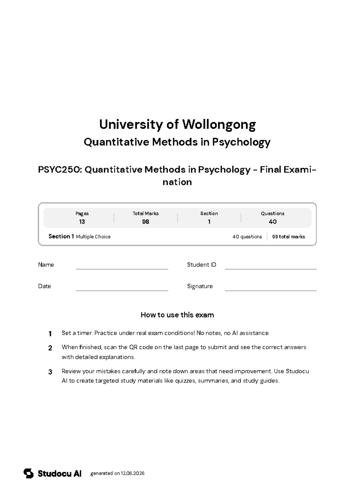 PSYC250: Quantitative Methods - Final Exam - Studocu