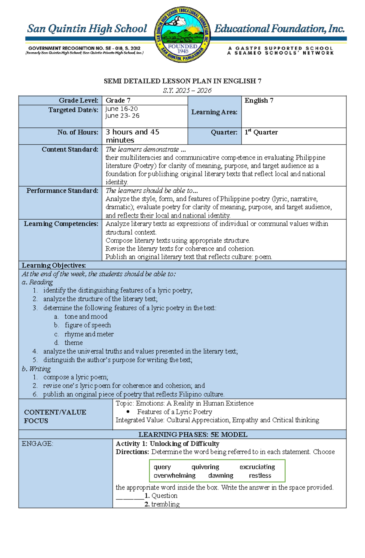 SEMI DETAILED LESSON PLAN IN ENGLISH 7: LYRIC POETRY - Studocu