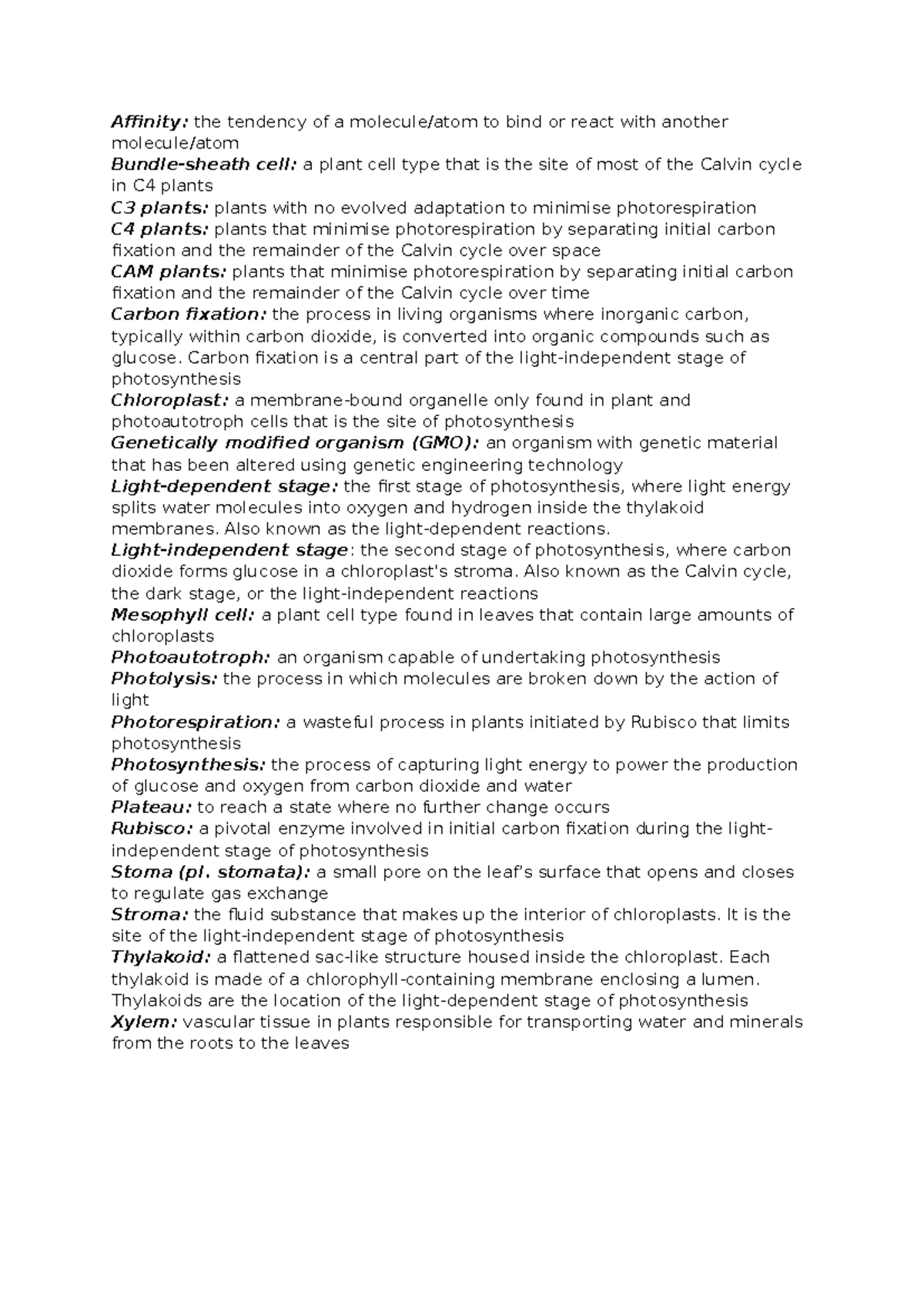 Chapter 5 Glossary: Key Terms in Photosynthesis (BIO101) - Studocu