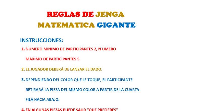 Instrucciones para Jugar Jenga Matemática Gigante: Dinámica de ...