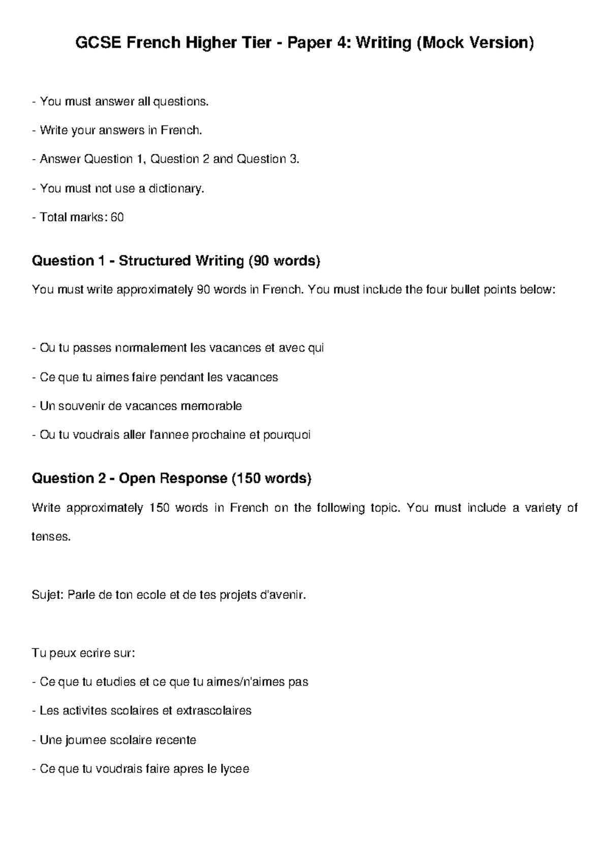 GCSE French Higher Tier - Paper 4: Writing Mock 2024 - Studocu