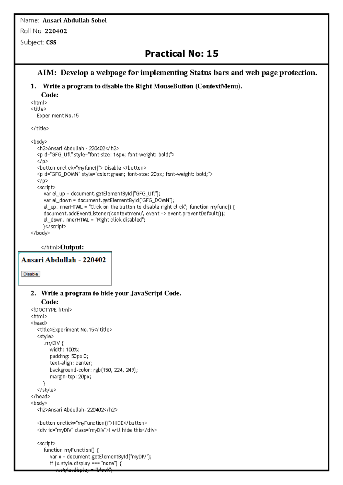 CSS Exp 15 PDF Updated Tuesday - Name: Ansari Abdullah Sohel Roll No: 220402 Subject: CSS ...