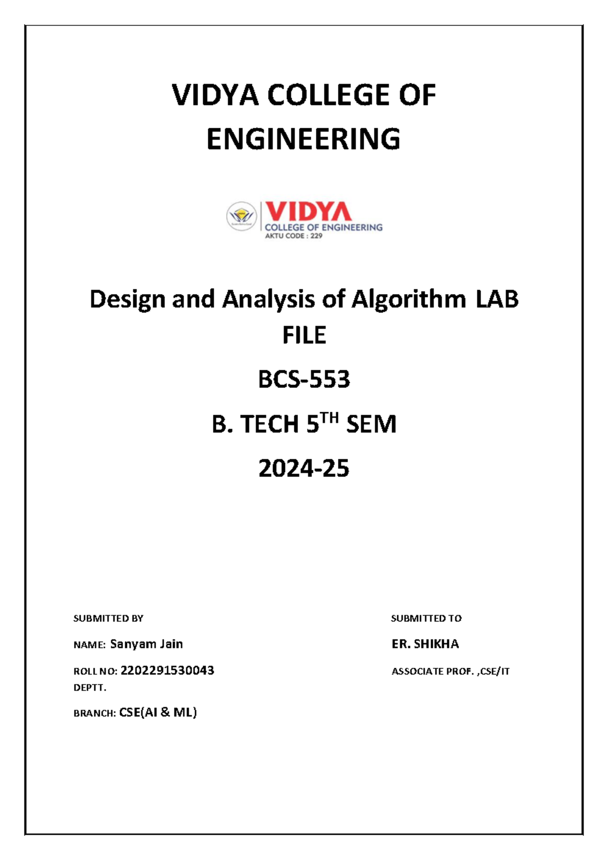 DAA Lab Manual - Practical Programs (BCS-B.Tech 5th Sem 2024) - Studocu