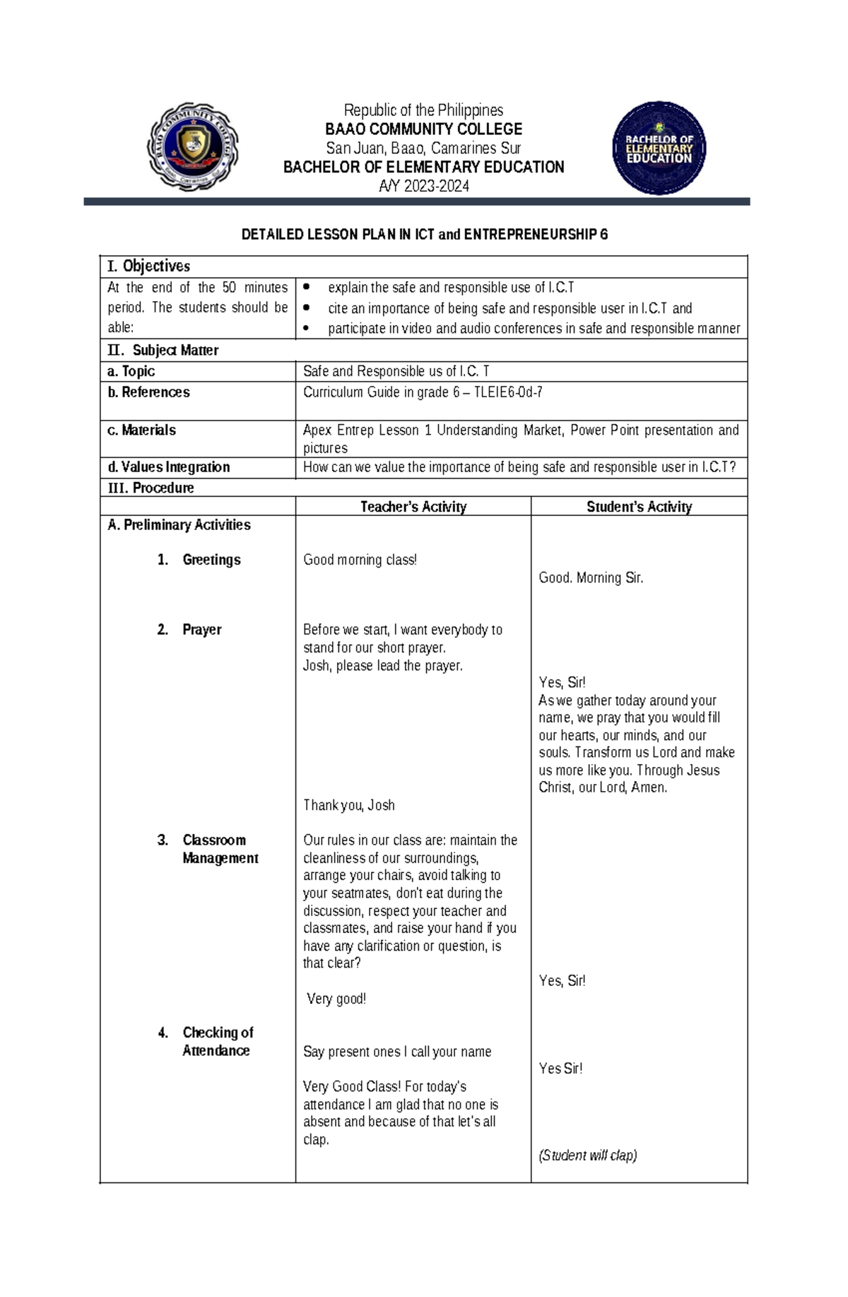 Detailed Lesson Plan for Grade 6 ICT Entrepreneurship: Safe Use of ICT ...