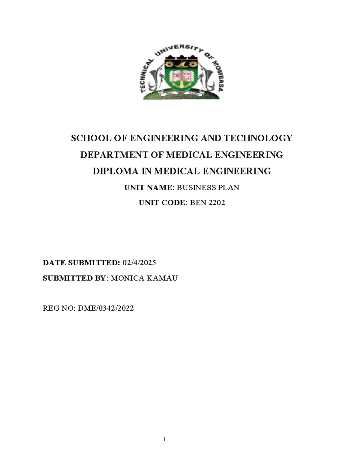 Monica Muthoni Kamau Business PLAN - SCHOOL OF ENGINEERING AND ...