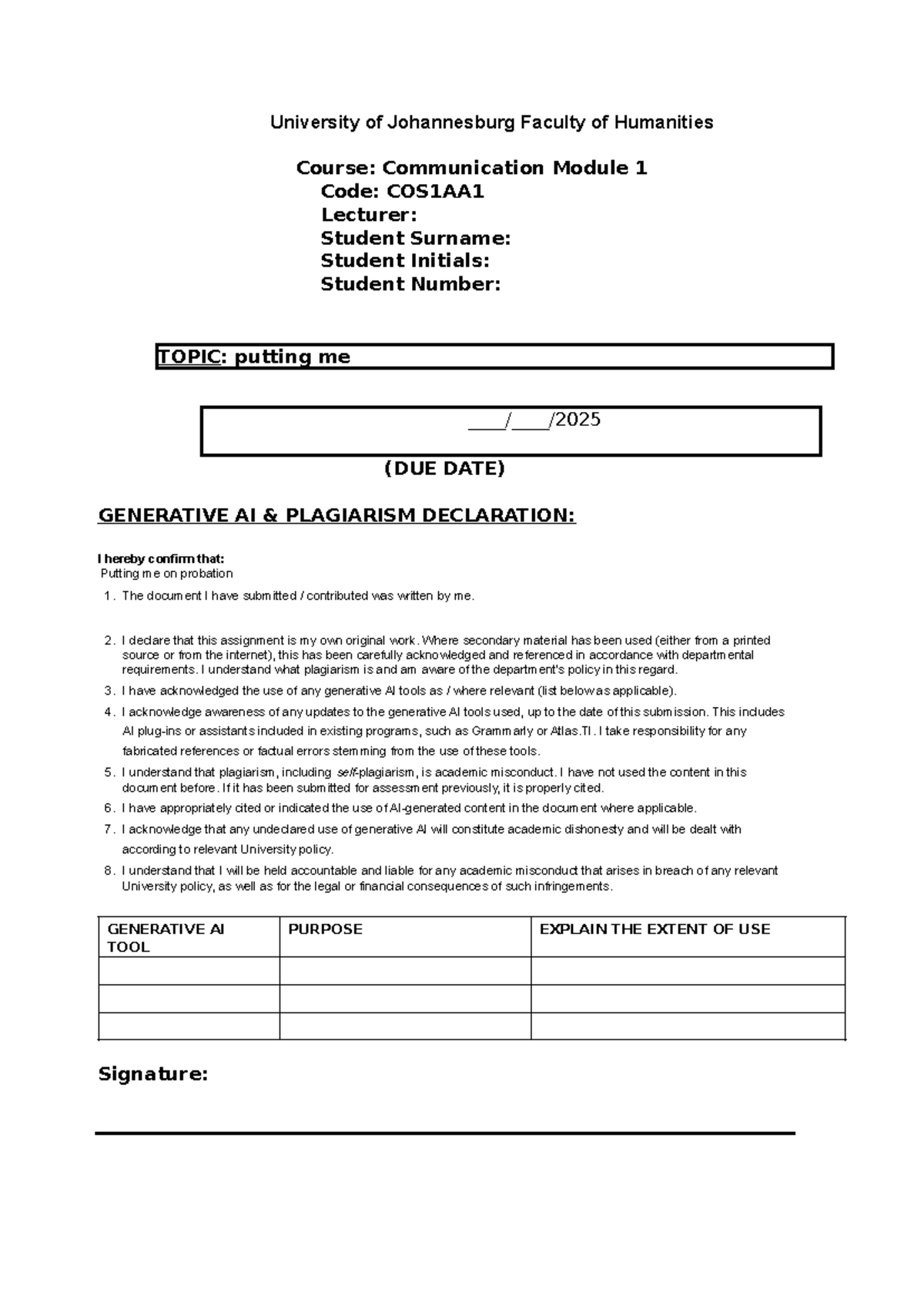 COS1AA1 Communication Module 1 Cover Page and Plagiarism Declaration ...