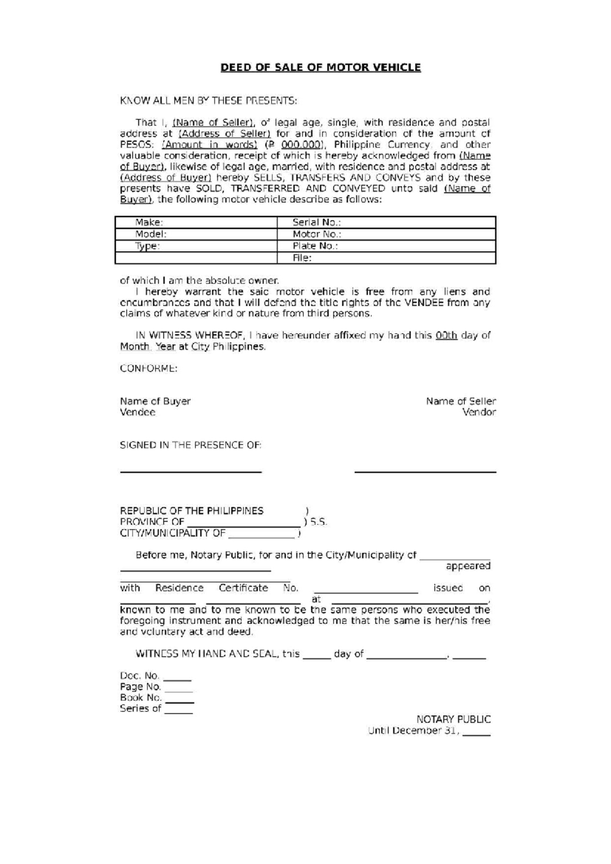 Deed of Sale of Motor Vehicle - Legal Document Template - Studocu